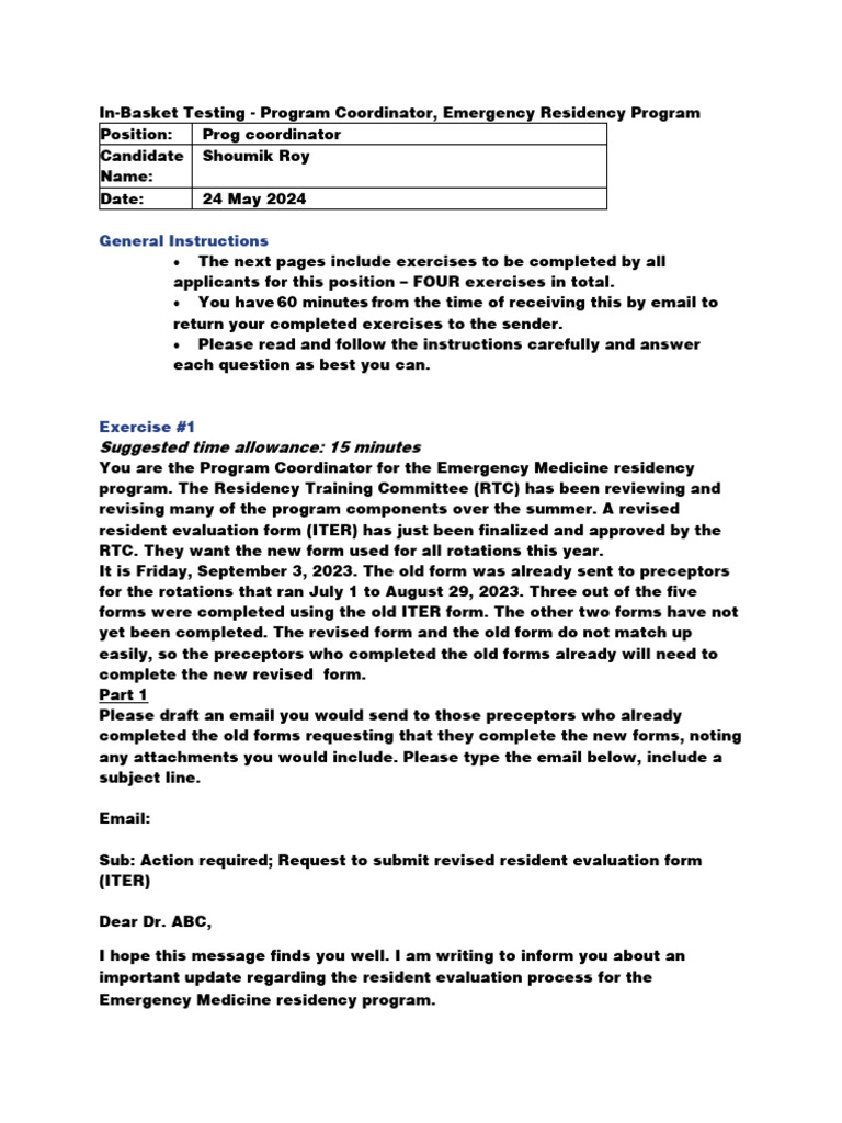 In-Basket Testing for Emergency Program Coordinator | PDF | Surgery ...