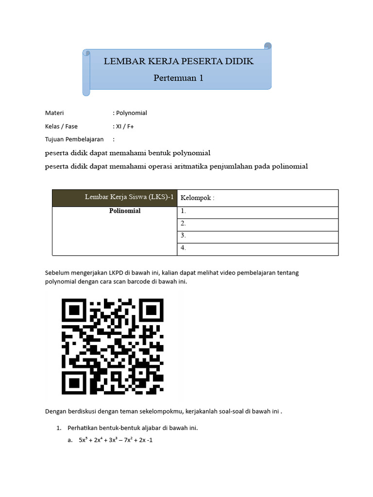 LKPD 1 Polinomial Kelas 11 | PDF