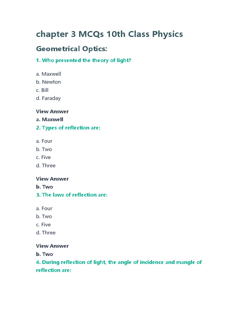 Chapter 3 MCQs 10th Class Physics | PDF | Mirror | Reflection (Physics)