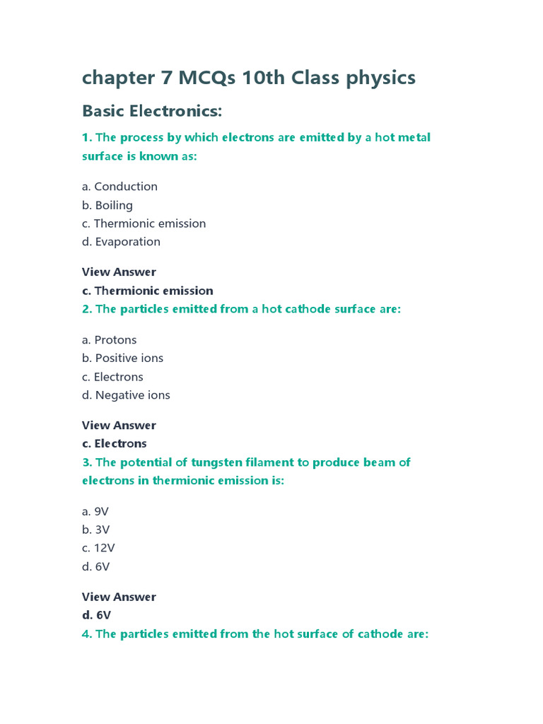 chapter 7 MCQs 10th Class physics | PDF | Electron | Electric Current