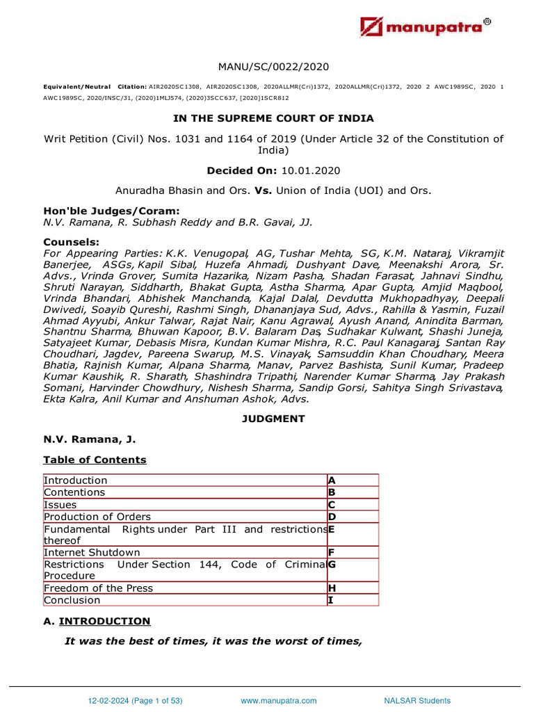 Anuradha Bhasin vs. Union of India | PDF | Justice | Crime & Violence