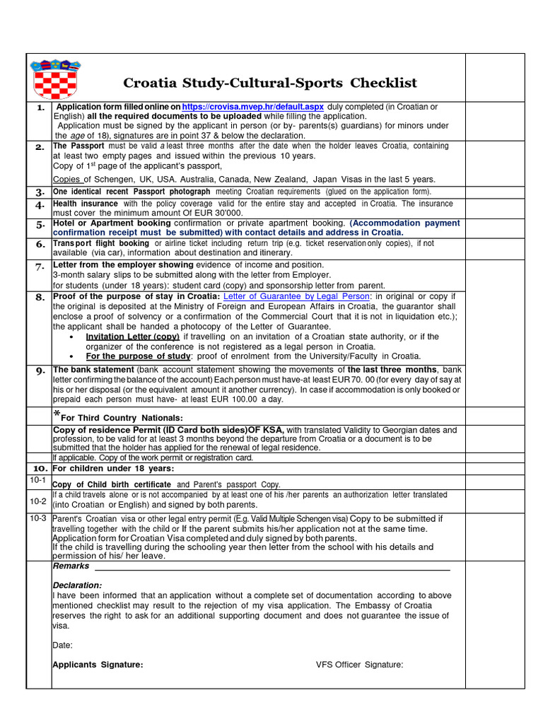 Croatia Study Cultural Sports Checklist | PDF | Travel Visa | Passport
