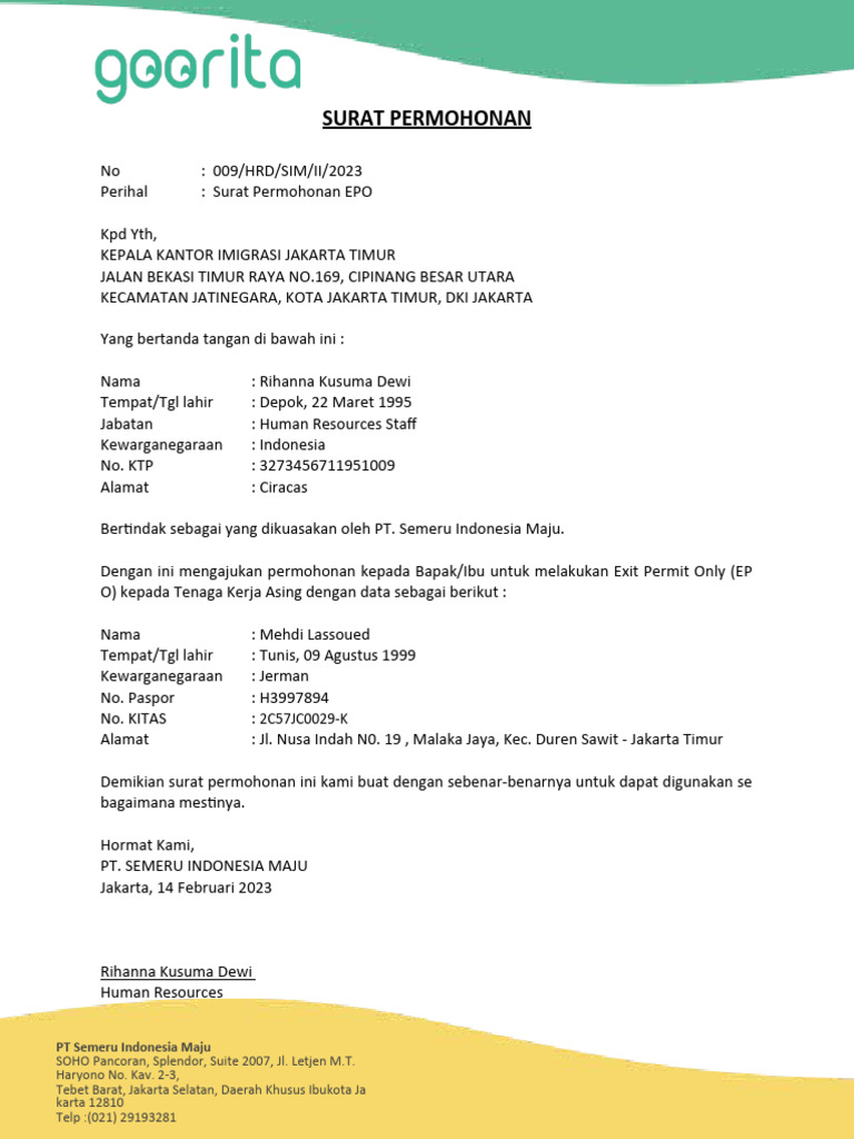 Contoh Surat Permohonan EPO Exit Permit Only | PDF