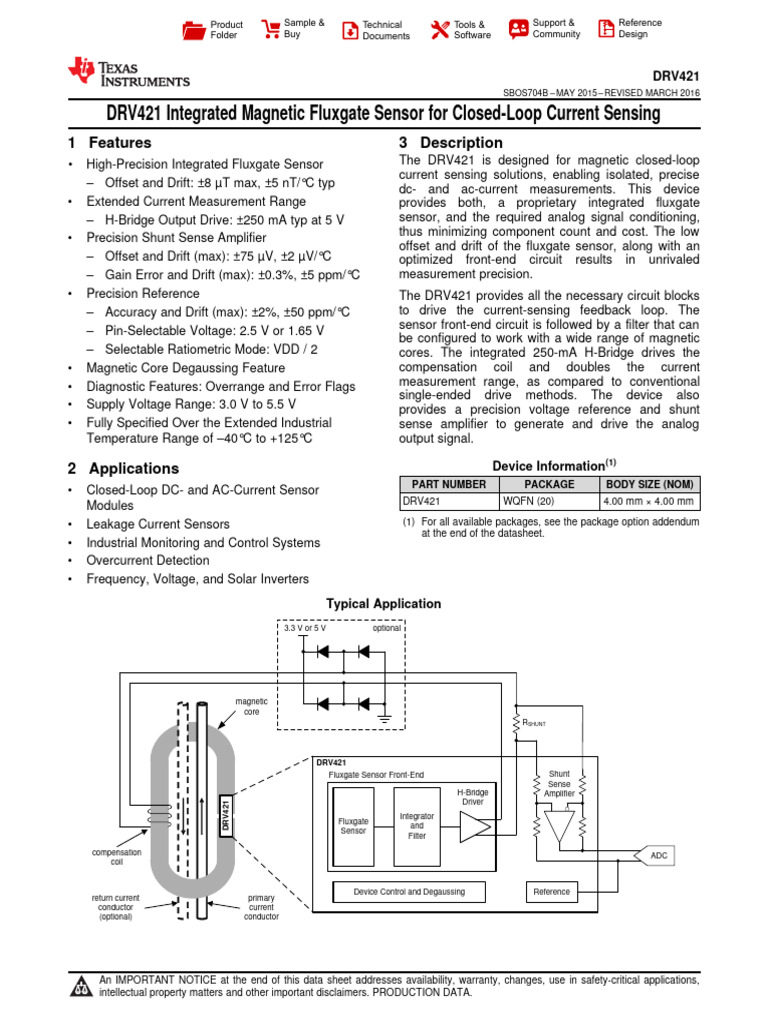 drv421 TI FluxGate Sensor | PDF | Magnetometer | Amplifier