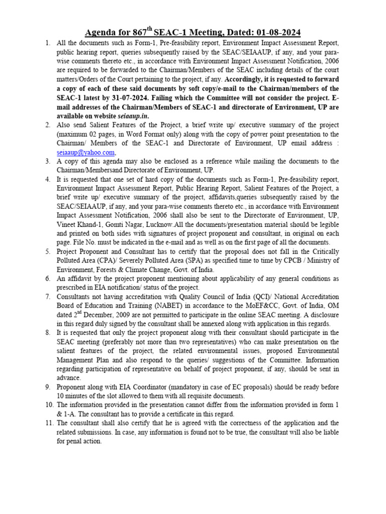 SEAC-1 Meeting Agenda 01-08-2024 | PDF | Environmental Impact ...