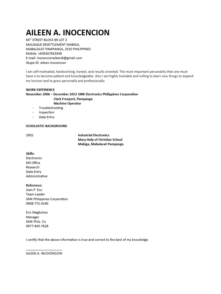 Aileen Inocencion Resume 2022 | PDF