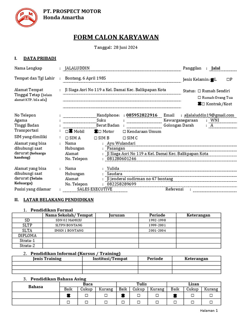 Form Calon Karyawan - JALALUDDIN Kaltim | PDF