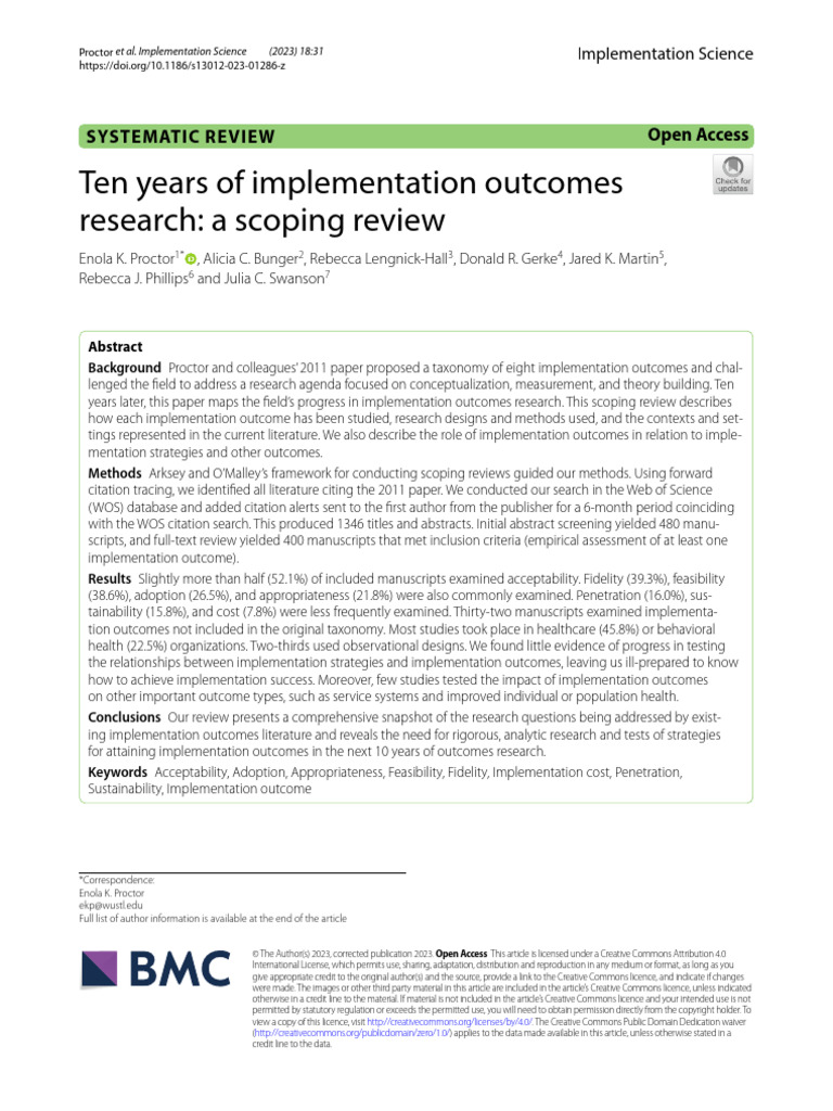 Ten Years of Implementation Outcomes Research: A Scoping Review | PDF | Creative Commons License ...