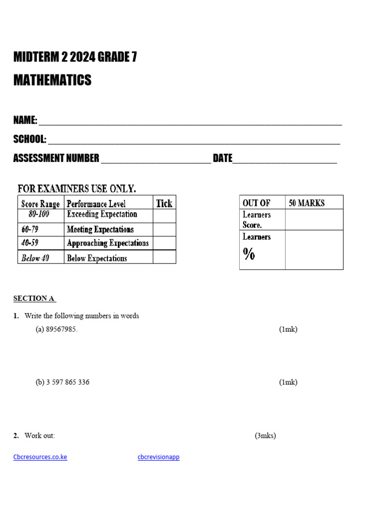 Grade 7 Maths Midterm 2 Exam Set 2 | PDF | Mathematics Grade 7 Maths Midterm 2 Exam Set 2 | PDF | Mathematics