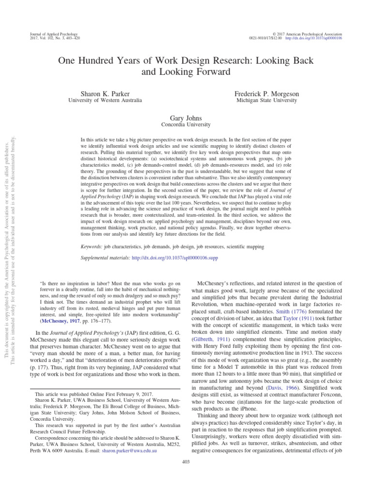 One Hundred Years of Work Design Research | PDF | Psychology ...