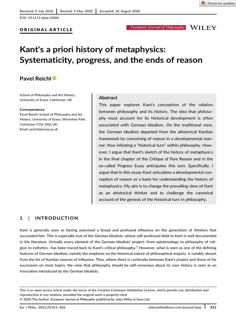 P. Reichl - Kant's A Priori History of Metaphysics | PDF | Immanuel ...