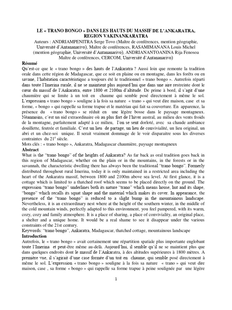 Trano Bongo : Habitat Traditionnel Ankaratra | PDF | Toit | Paysage