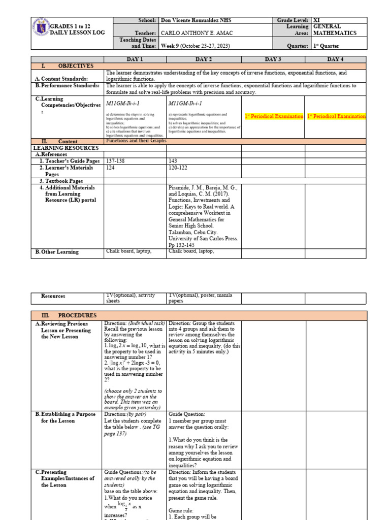 DLL Gen Math Week 9 | PDF | Logarithm | Function (Mathematics)