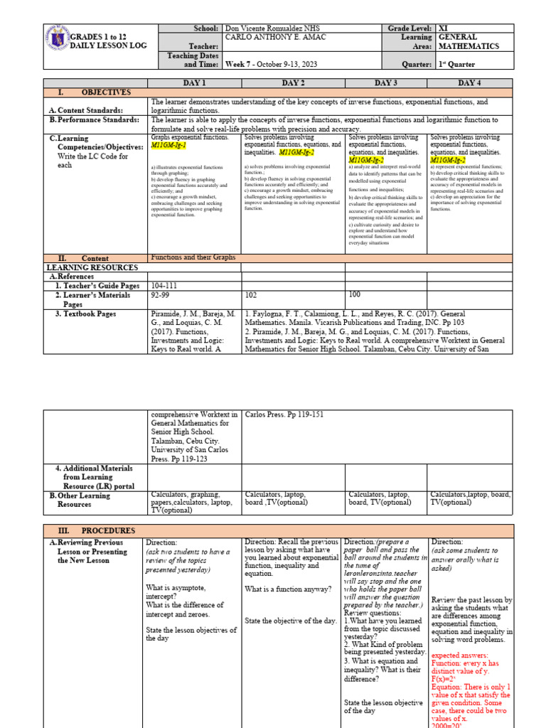 DLL Gen Math Week 7 | PDF | Function (Mathematics) | Exponential Function