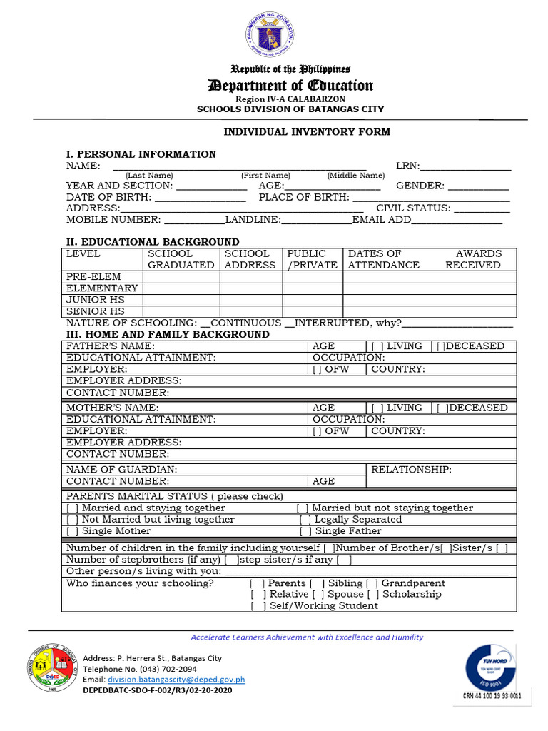 INDIVIDUAL-INVENTORY-FORM | PDF | Family | Psychology