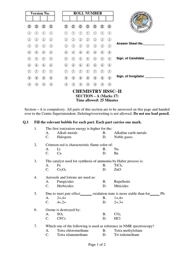 HSSC-II Chemistry Model Paper 2025 | PDF | Chemical Reactions | Aldehyde