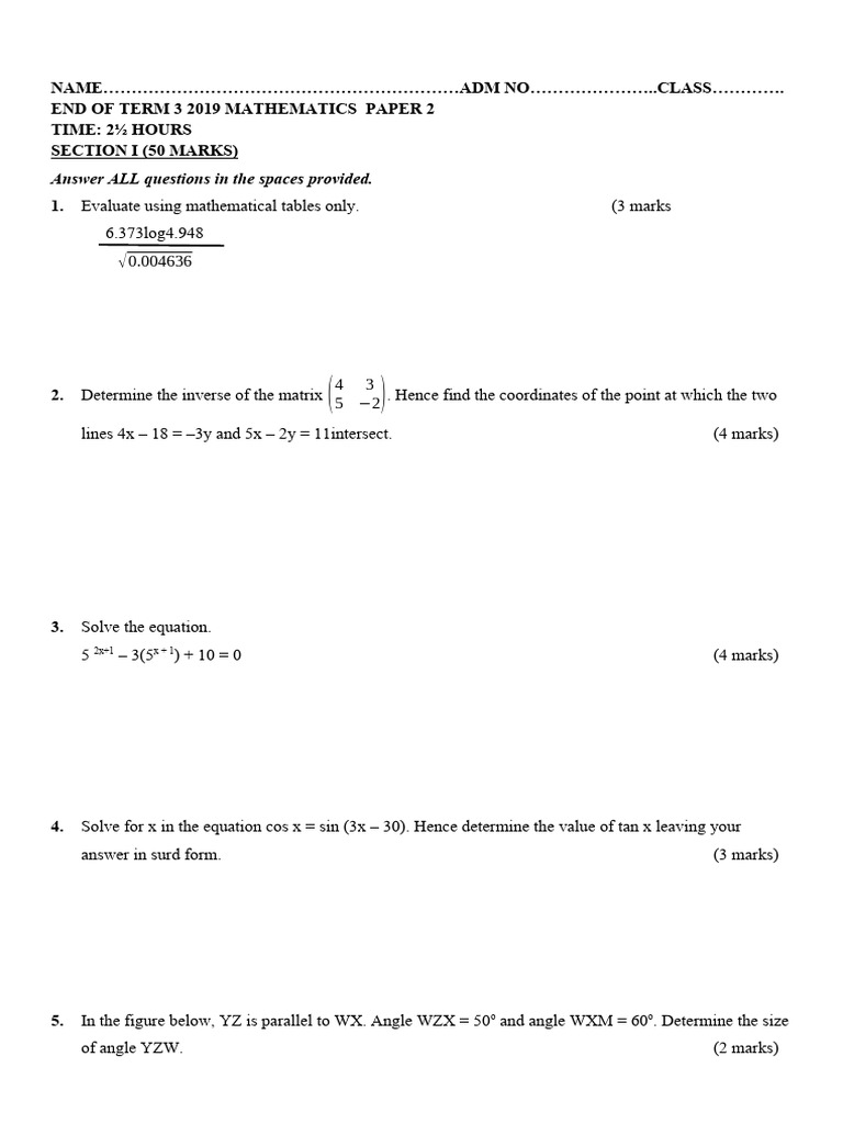 Maths Form 3 Term 3 Paper 2 QP 2019 | PDF | Circle | Mathematics