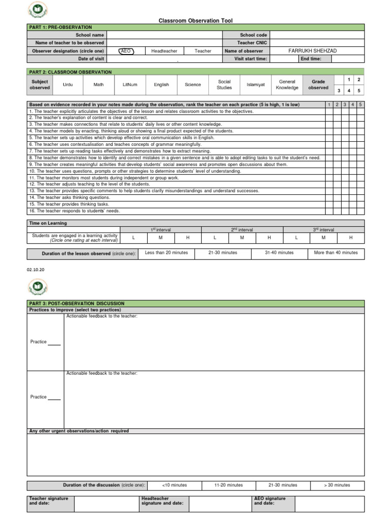 Classroom Observation Tool 2023 (16 Indicators) | PDF | Teachers | Learning