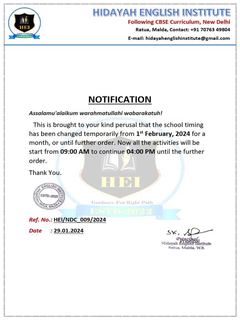 Temporary School Timing Change Notification | PDF