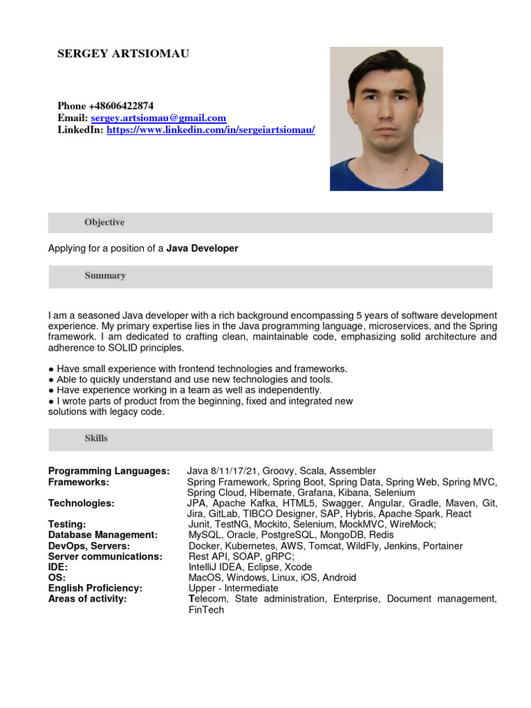 CV Artsiomau | PDF | Spring Framework | Java (Programming Language)
