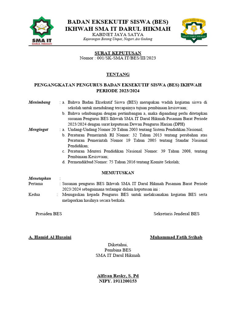 SK PENGURUS BES 2023-2024 Khusus Sekolah | PDF