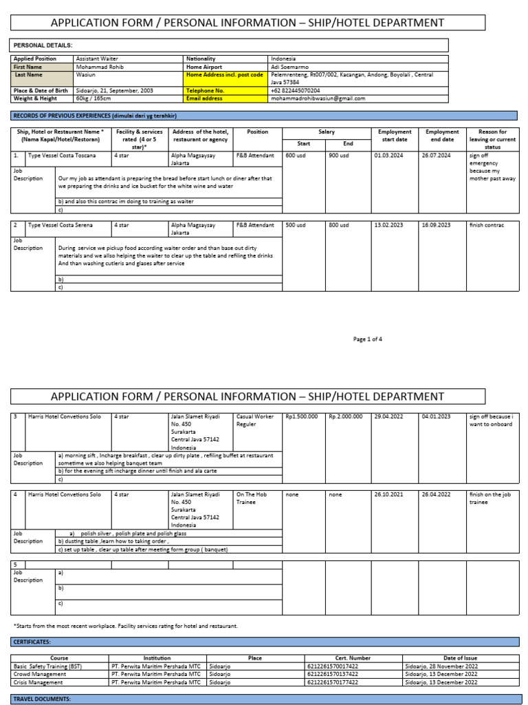 CV Application Form - Mohammad Rohib Wasiun | PDF | Waiting Staff