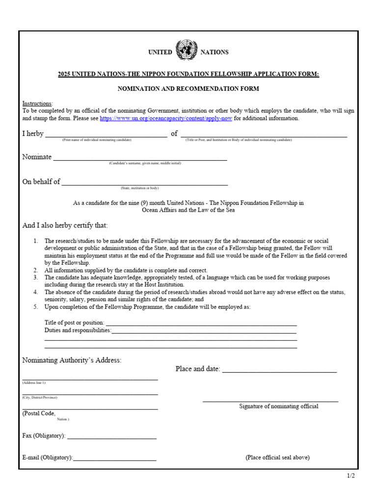 UN Nippon Foundation Fellowship Nomination Form | PDF | Fellow