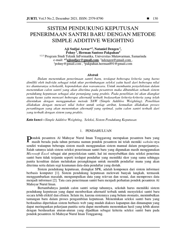 Sistem Pendukung Keputusan Penerimaan Santri Baru Dengan Metode Simple Additive Weighting | PDF