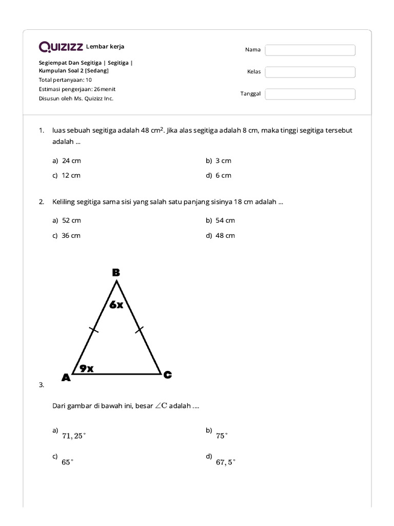 Segiempat Dan Segitiga - Segitiga - Kumpulan Soal 2 (Sedang) - Quizizz | PDF