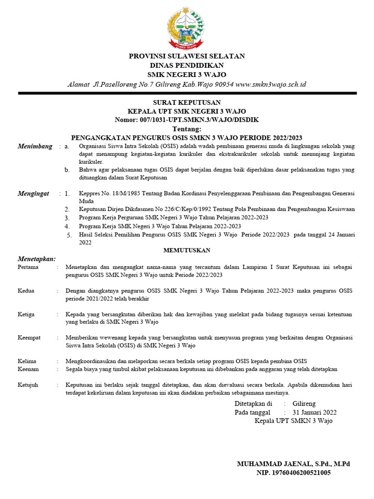 SK Pengurus Osis 2022 2023 | PDF