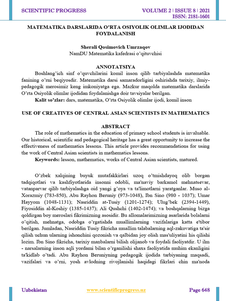 Matematika Darslarida o Rta Osiyolik Olimlar Ijodidan Foydalanish | PDF