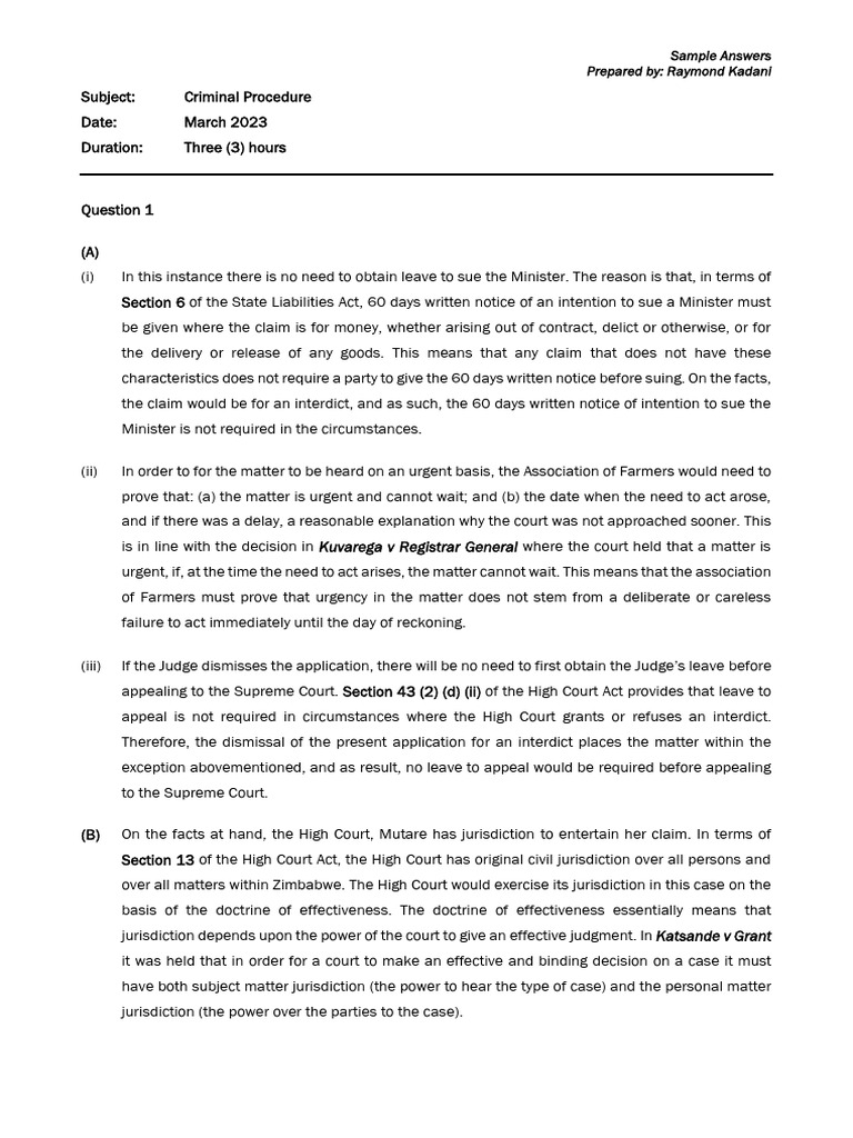 Sample Answers - Civil Procedure March 2023 | PDF | Judgment (Law ...