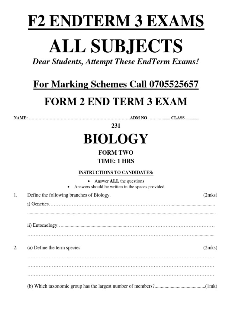 Form 2 Endterm 3 Exams | PDF | Skin | Chemical Substances