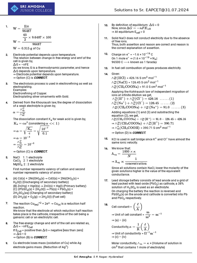 SR - EAPCET 31 Jul 2024 Solution | PDF | Physical Chemistry | Applied ...
