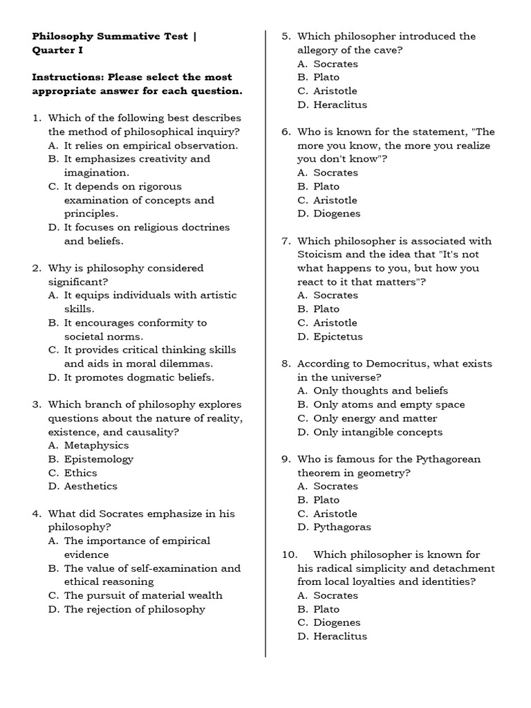 Philosophy Summative Test Q1 x25 | PDF | Reason | Fallacy