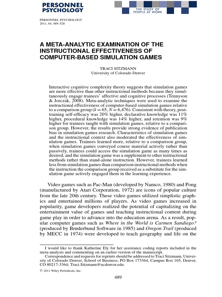 Sitzmann2011.SimulationGamesMeta Analysis | PDF | Effect Size | Simulation