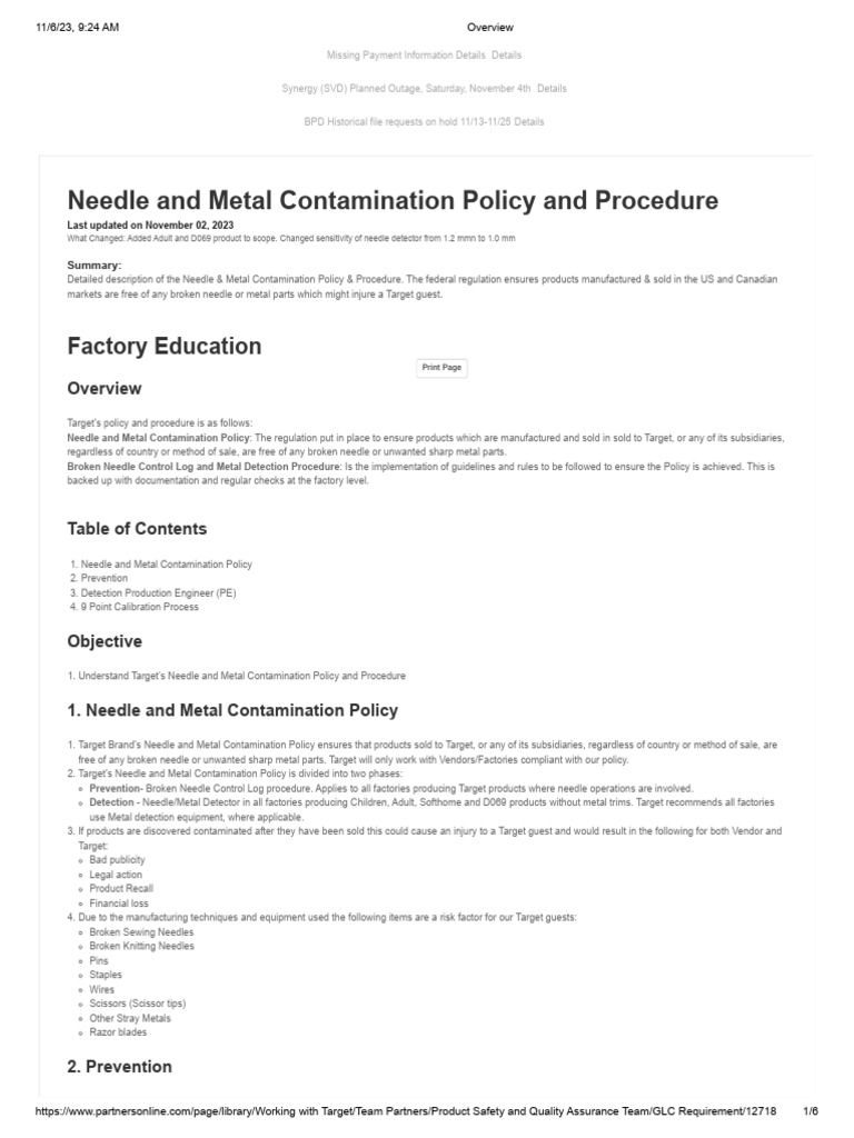 Needle & Metal Contamination Policy | PDF | Sewing Needle | Metal Detector