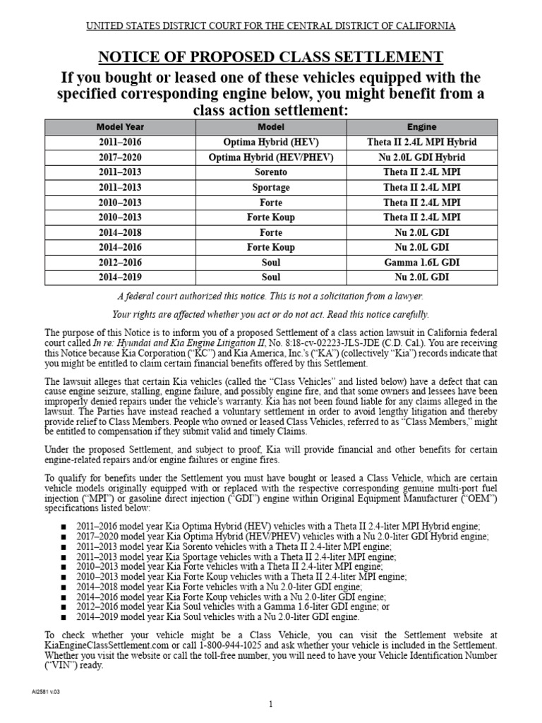 Kia Engine Class Action Settlement Notice | PDF | Lawsuit | Class Action