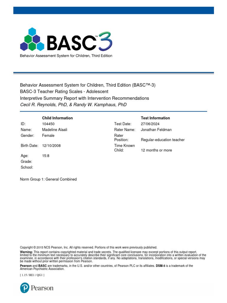 BASC 3 Report With Intervention Recommendations 55190734 1719482175873 ...