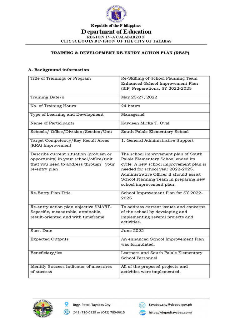 Re Entry Action Plan Template | PDF | Learning | Cognition