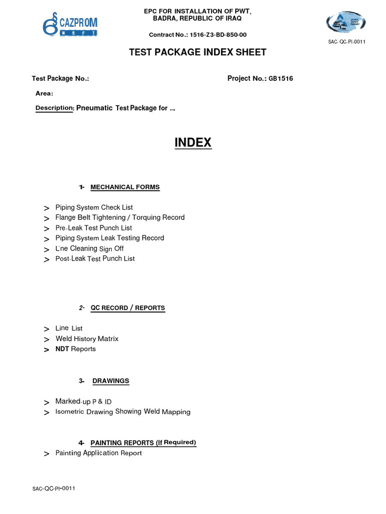 Pneumatic Test Package Index for EPC | PDF