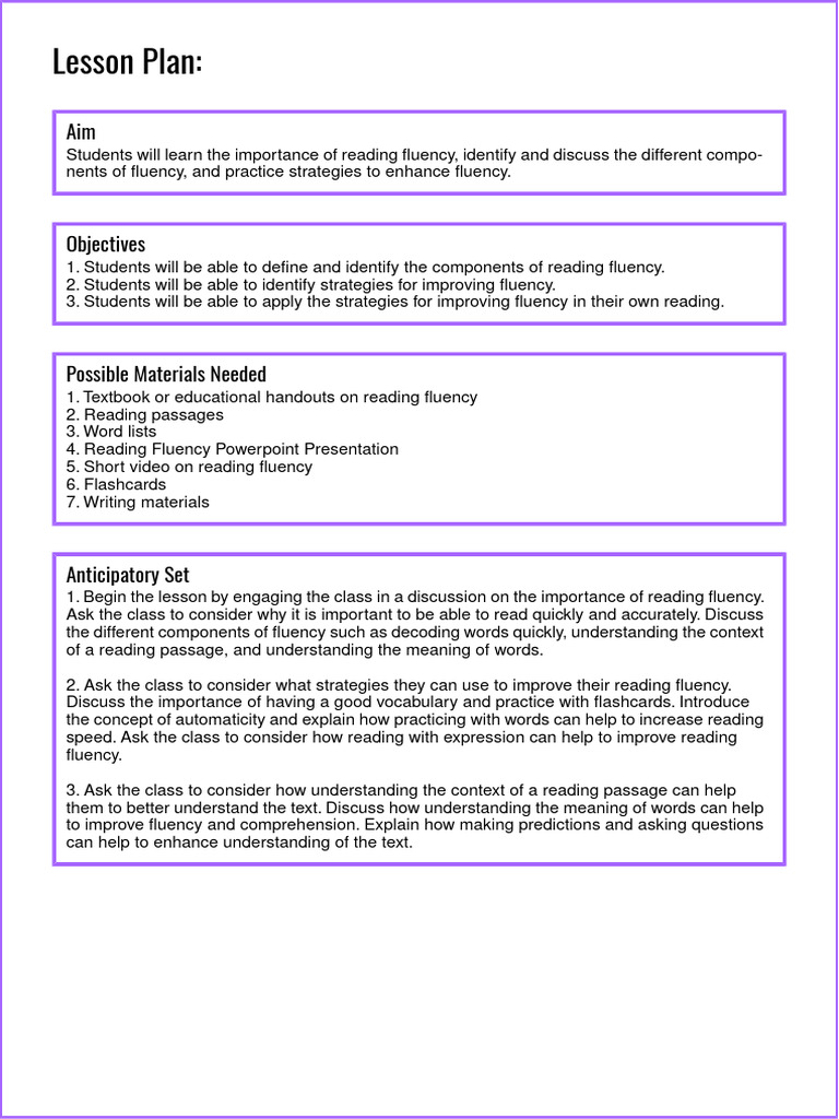 Reading Fluency Lesson Plan | PDF | Reading Comprehension | Fluency