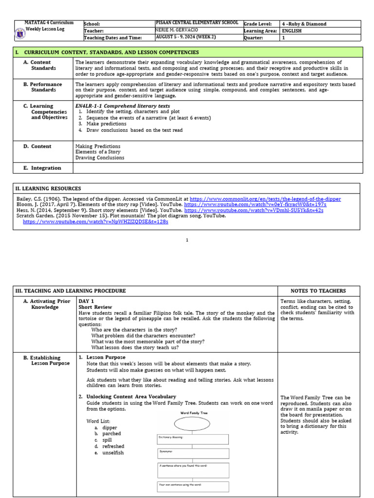 DLL Matatag - English 4 q1 w1 | PDF | Reading Comprehension | Learning