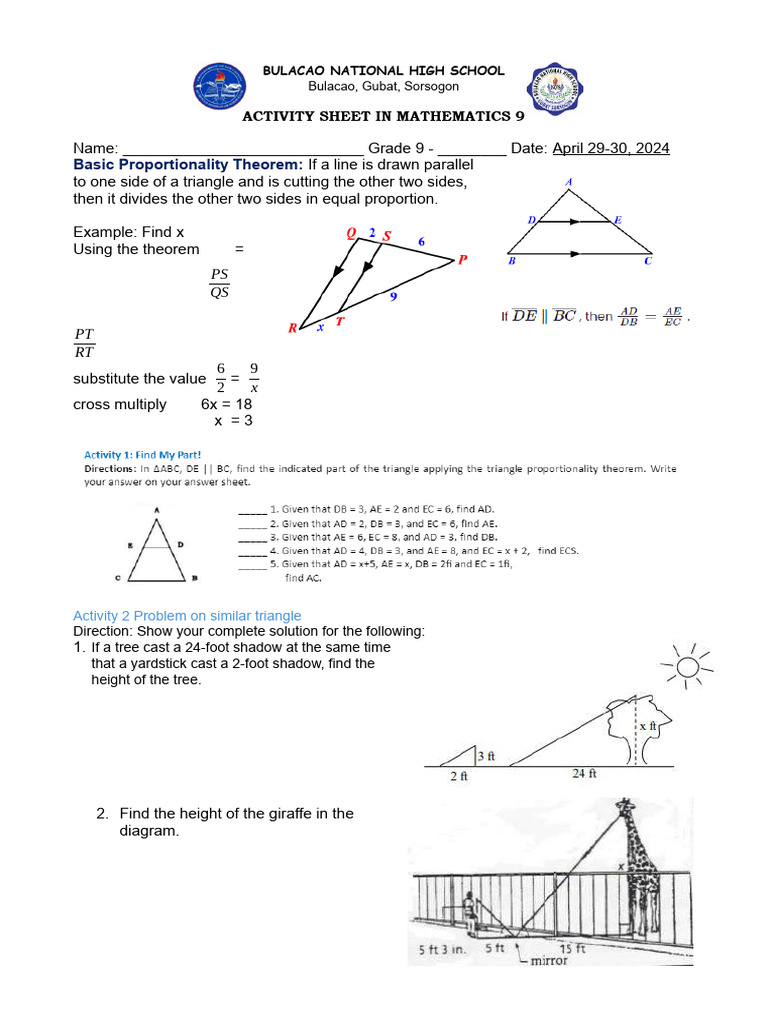 Activity.triangle Similarity.g9 | PDF