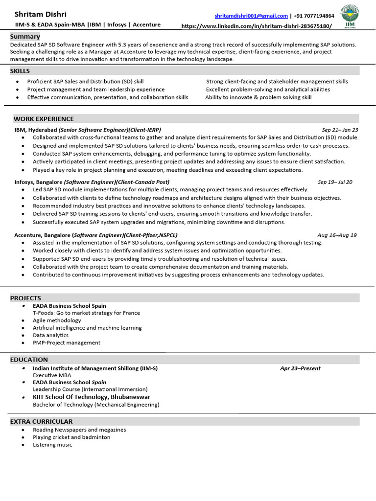 Accenture - Project Manager - Shritam Dishri - IIM Shillong | PDF ...