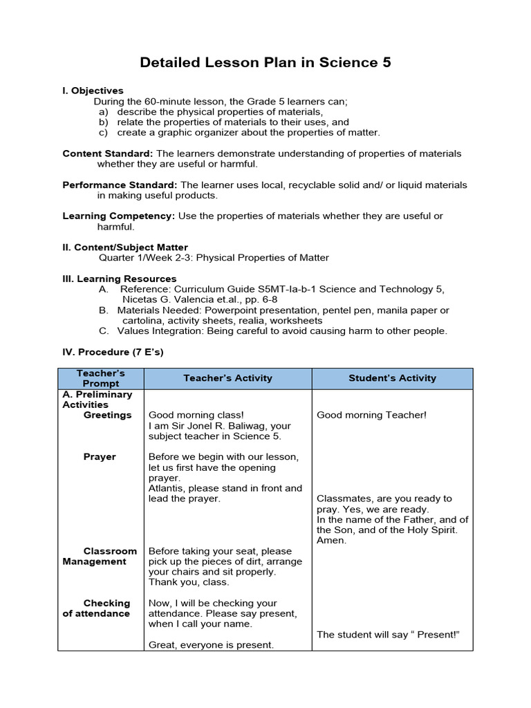 Grade 5 Science Lesson Plan: Matter Properties | PDF | Ductility ...