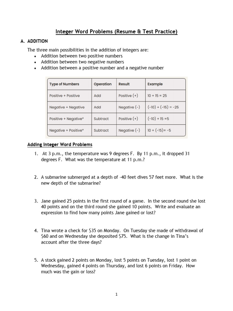 G7 - Integer Word Problems - Test Practice AK | PDF | Multiplication ...