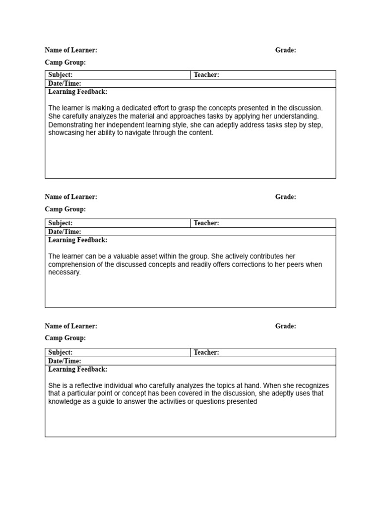 Sample Learners' Feedback | PDF | Learning | Teachers