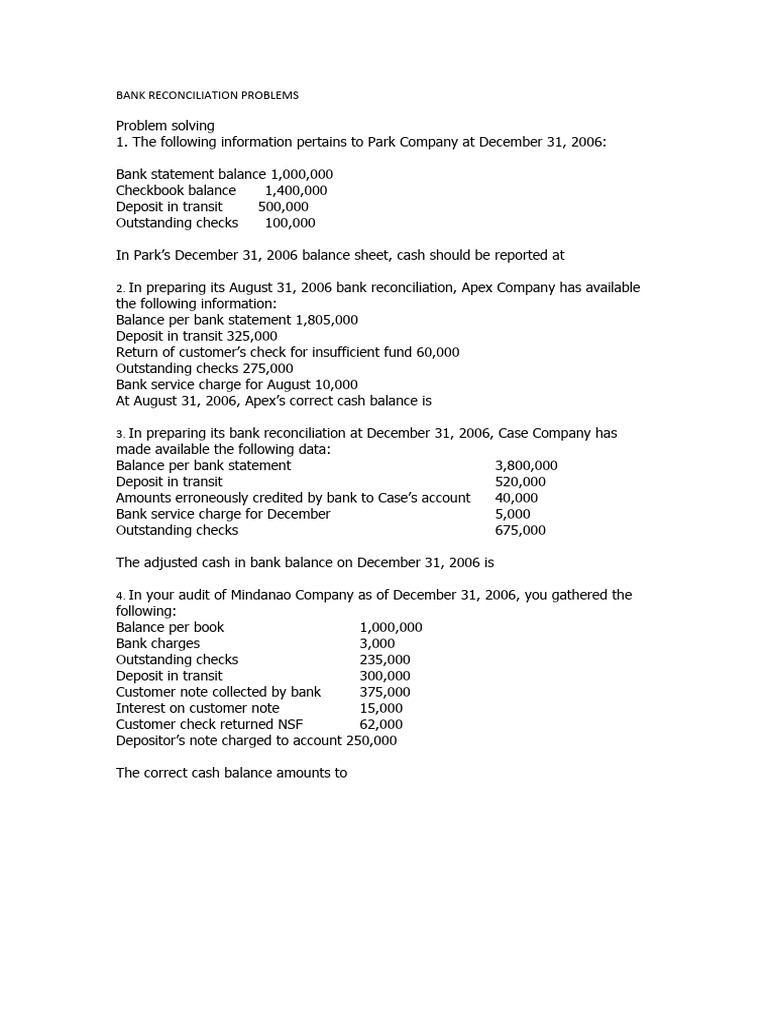 Bank Reconciliation Problems | PDF | Banks | Deposit Account