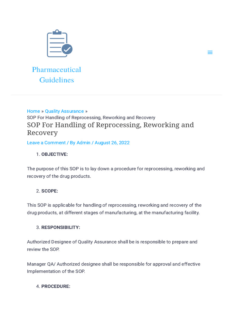 SOP For Handling of Reprocessing, Reworking and Recovery - Pharm | PDF ...